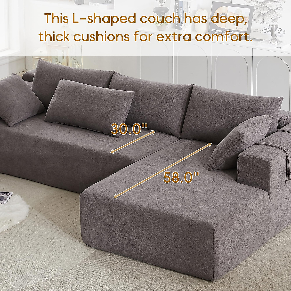 Yoglad Modern L-Shape Sectional Upholstery Sofa with Freedom Combination Living Room Sofa, Comfy Deep Seat Floor Furniture with 6 Pillows for Living Room, Office (Face The Right Chenille Grey Sofa)