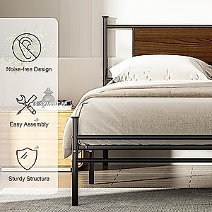HAOARA King Size Bed Frame with Rustic Wood Headboard, Metal Heavy Duty Platform Frame, Sturdy Steel Slat Support, No Box Spring Needed, Black