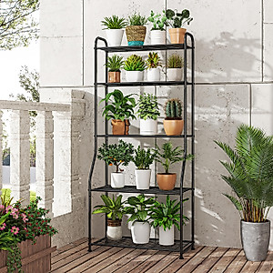Plant Stand 5-Tier Plant Shelf for Indoor Outdoor, Waterproof Metal Tall Plant Stand for Living Room Bathroom Balcony Garden, Black