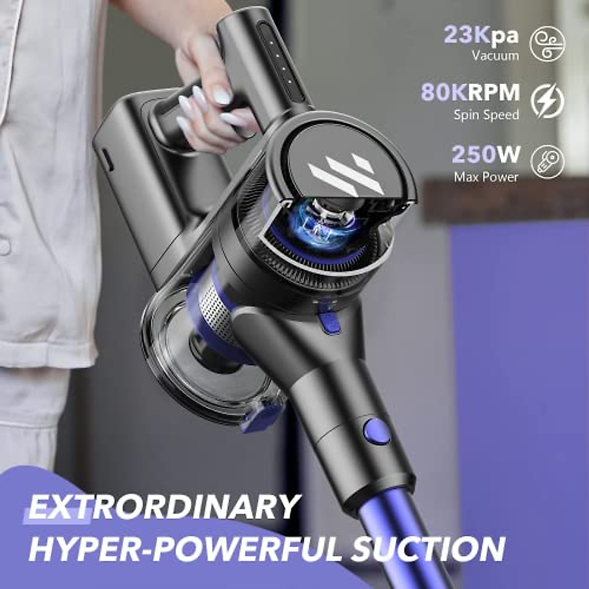 Cordless Vacuum, 23Kpa Powerful Suction Cordless Vacuum Cleaner with 250W Brushless Motor, 2 in 1 Lightweight Quiet with Detachable Battery Runtime Up to 35mins Perfect for Hardwood Carpet Pet Hair