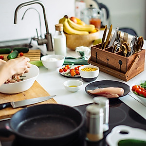 Geetery Acacia Utensil Caddy Silverware Caddy with Handle Wooden Multipurpose Countertop Flatware Napkin Caddy Utensil Organizer Caddy for Party Picnic Kitchen Trip, 9.1 x 5.9 x 4.5 in (Wood Color)