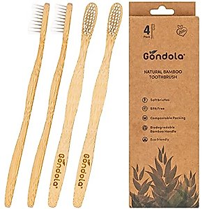 Gondola Adults Bamboo Toothbrushes- Eco Friendly Wooden Toothbrushes with Soft Bristles & Smooth Bamboo Handles - Biodegradable & Zero Waste Packaging-4 Pack