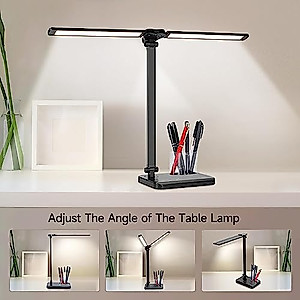 rigors LED Desk Lamp for Home Office - Dual Swing Arm Desk Light with USB Charging Port,Eye-Caring Foldable 5 Color Modes 10 Brightness Levels Dimmable Desk Lamp for College Dorm Room (Black)