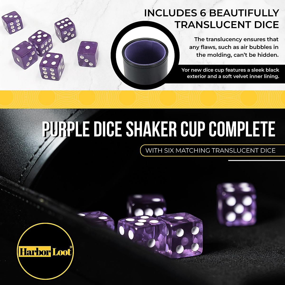 Harbor Loot Purple Dice Shaker Cup Complete with Matching Dice Set of Six Purple Translucent Dice