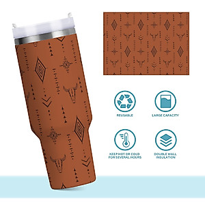 40 oz Insulated Coffee Tumbler With Lid and Straw Water Bottle Stainless Steel Tumbler for Men & Women Unique Gift Idea Brown Geometric Bull - Head 27