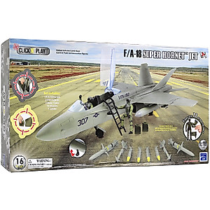 Click N’ Play Military Air Force F/A 18 Super Hornet Fighter Jet, 16 Piece Play Set with Accessories - Army Action Figures, Missiles, and More, Toy for Boys 6+,Grey