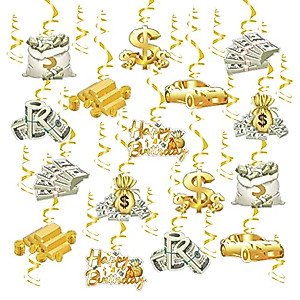 30 Pack(Swrils & Cutouts) Money Birthday Hanging Decorations Dollar Bill Cash Hanging Swirls Investment Themed Decorations for Birthday Casino Wedding Bachelorette Graduations Party Supplies