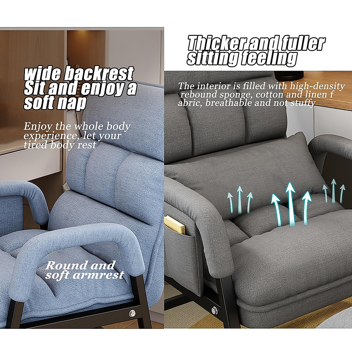 WFCCDM Relax Armchair Rocking Chairs Reclining Chair Lounge Seating Sofa Chair Occasional Side Chairs, Adjustable Footrest & Backrest, for Living Room Bedroom 50 * 51 * 102cm Blue