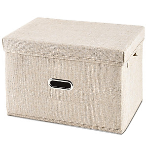 HONGKERNE Storage Box Bin, Linen Fabric, Foldable Storage Organizer with Lid, Multi-Use Clothes Storage Container for Bedroom, Office, Home (Cream, Large)
