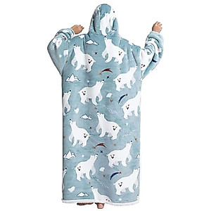 Queenshin Polar Bear Wearable Blanket Hoodie, Extra Long Oversized Sherpa Comfy Sweatshirt Robe for Adults Women Men, Warm Cozy Animal Hooded Body Blanket