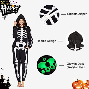 Jobakids Matching Family Costumes Sets Halloween One-Piece Hoodie Onsies Glow in Dark Skeleton Jumpsuit Women Medium (Women-black, M)