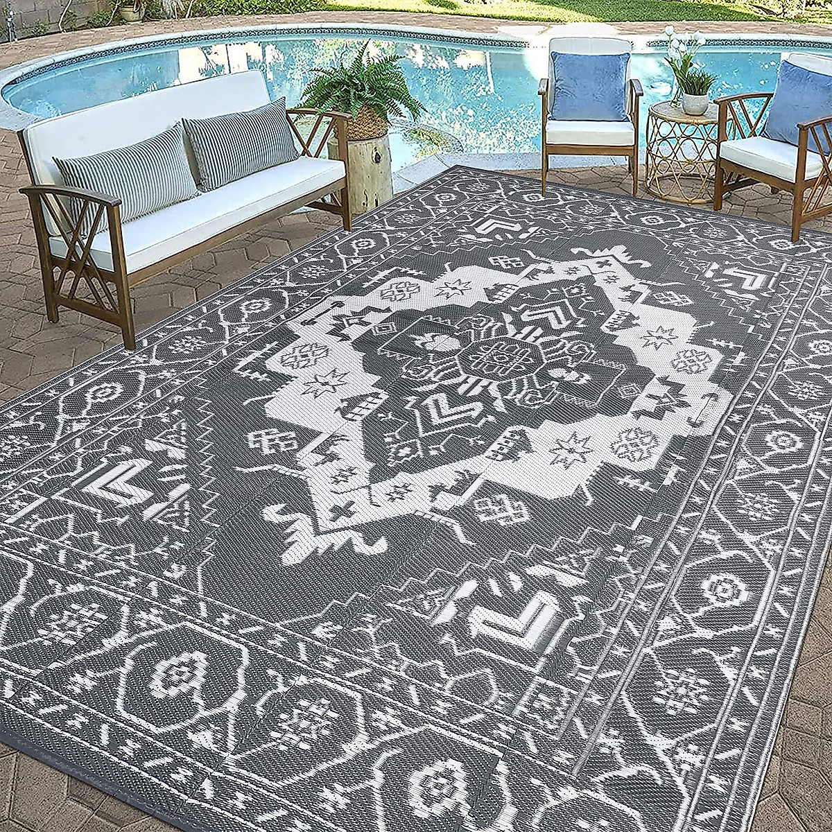 Pauwer Waterproof Outdoor Rug 9'x12', Reversible Outdoor Plastic Straw Rug, Outdoor Patio Rug for Camping, Outside RV Mat, Indoor Outdoor Rugs Carpet for RV, Picnic, Backyard, Deck, Balcony, Porch