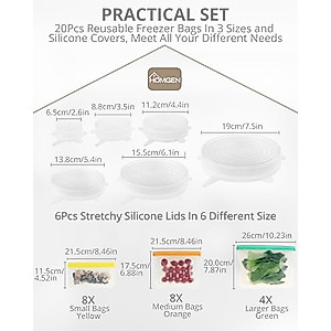 HOMGEN Reusable Storage Bags, 26Pcs BPA Free PEVA Fridge Reusable Storage Bags Leak Proof Resuable Freezer Bags, Reusable Gallon Bags, Reusable Sandwich Bags for Meat Fruit Veggies etc