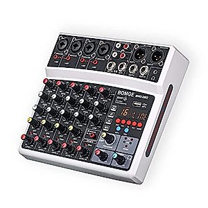 BOMGE 6 Channel Audio Sound Mixer - Professional Digital DJ Mixing Console for Live Streaming, Karaoke and Stereo Recording - With PC Computer Record Playback/Bluetooth/MP3/USB/48V /16 DSP Echo