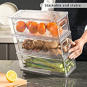 4Pack Stackable Fridge Organizer Drawers Pull Out Bins Clear Refrigerator Drawer Storage Box Divided Produce Saver Containers for Veggie Fruit Pantry Cabinet Makeup Clothes