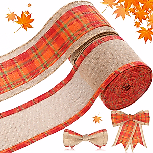 2 Rolls 10 Yards Fall Plaid Wired Edge Ribbons Thanksgiving Orange Buffalo Plaid Ribbon Burlap Fabric Ribbon Natural Wrapping Red Orange Edge Ribbon for Wedding Decor Autumn Crafts, 2.5 Inch
