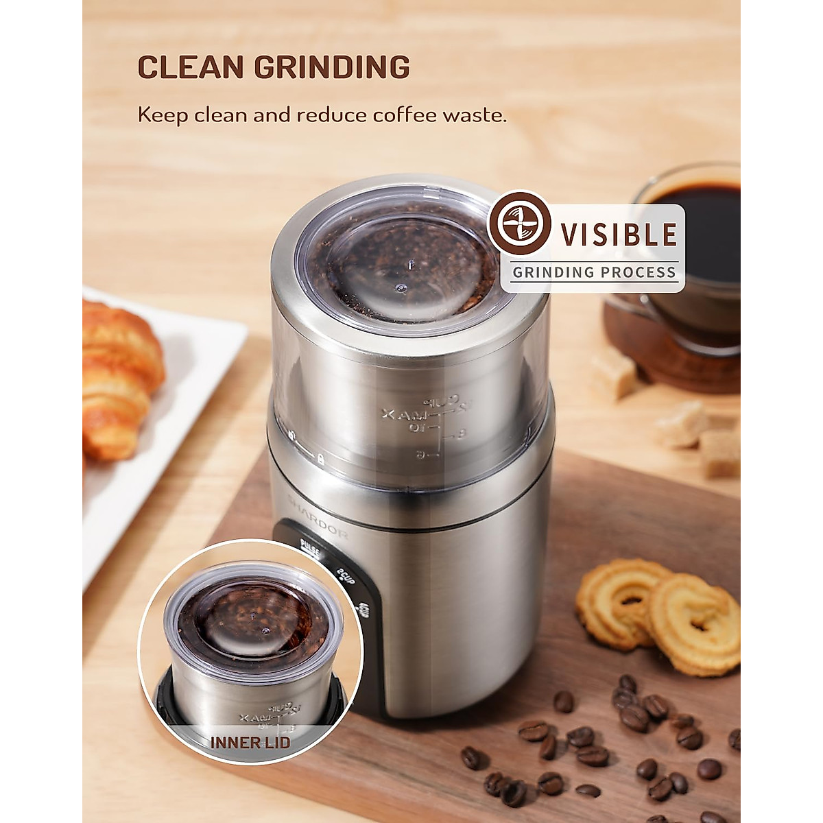 SHARDOR Adjustable 12 Cup Coffee Grinder Electric with 3 Grinding Settings, Stainless Steel Coffee Bean Grinder for Spice Nut Herb, Espresso Grinder with 1 Removable Stainless Steel Cup