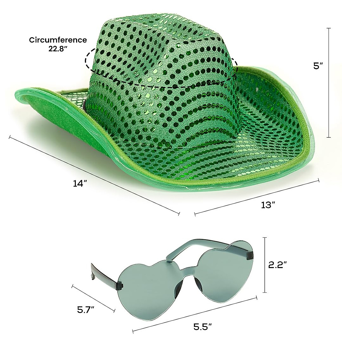 Funcredible Green Light Up Cowboy Hat and Glasses - Sparkly Disco Cowgirl Hat - Sequin Cowboy Hat for Women - Cowgirl Costumes for Girls