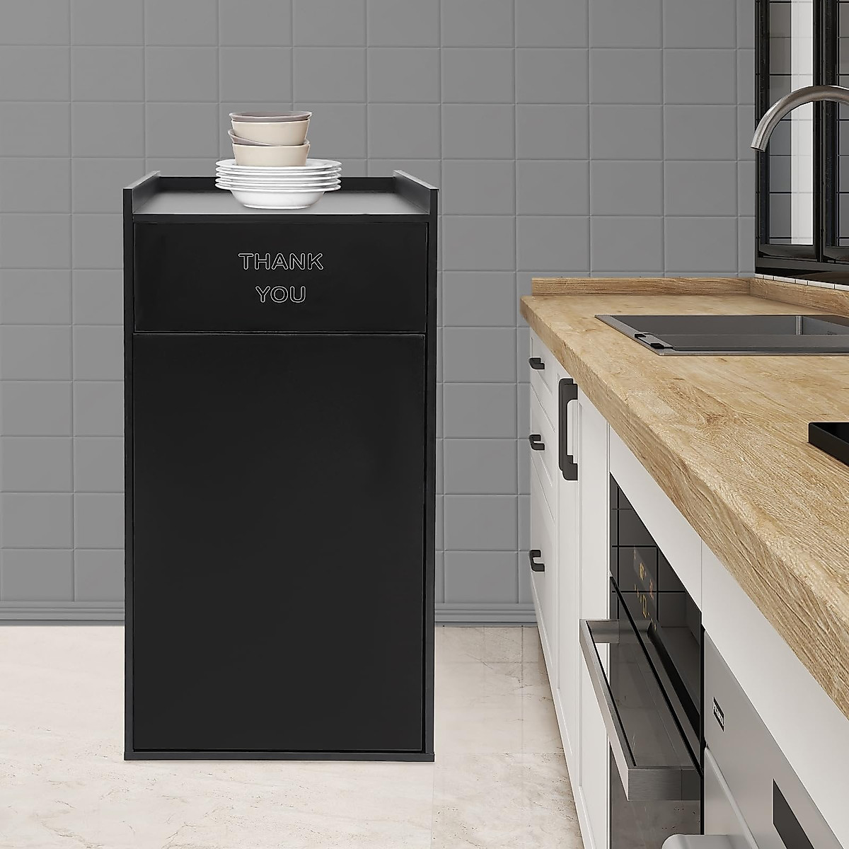 Restaurant Trash Bin Cabinet, 22"x22"x46" Garbage Can Commercial with A Foldable Canvas Trash Bag Inside, Garbage Receptacle Indoor with Tray Holder for Restaurants, Cafeterias (Black)