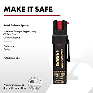 SABRE Advanced Pepper Spray, 3-in-1 Formula Contains Maximum Strength Pepper Spray, CS Military Tear Gas and UV Marking Dye, Compact Belt Clip for Easy Carry and Fast Access, 35 Bursts, 0.67 fl oz