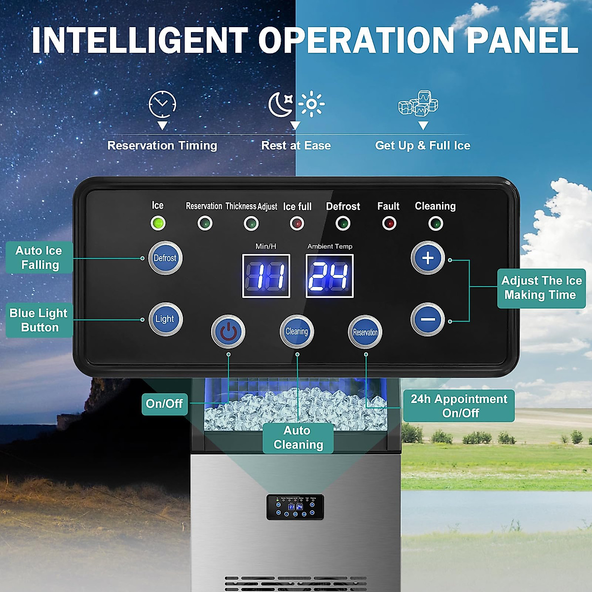 RAPSUAR Commercial Ice Maker Machine, 150Lbs/24H with 45Lbs Large Ice Capacity, 55Pcs Clear Ice Cubes Ready in 8-15Mins, Freestanding Stainless Steel Ice Making Machine for Home Party Bar