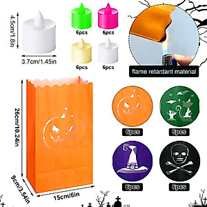 Meanplan 48 Pcs Halloween Luminary Bags with LED Light Candles Set 24 Pcs Luminary Candle Bags 24 Pcs LED Tealight Candles Ghost Lantern Bags for Halloween Outdoor Indoor Patio Decorations (Novel)