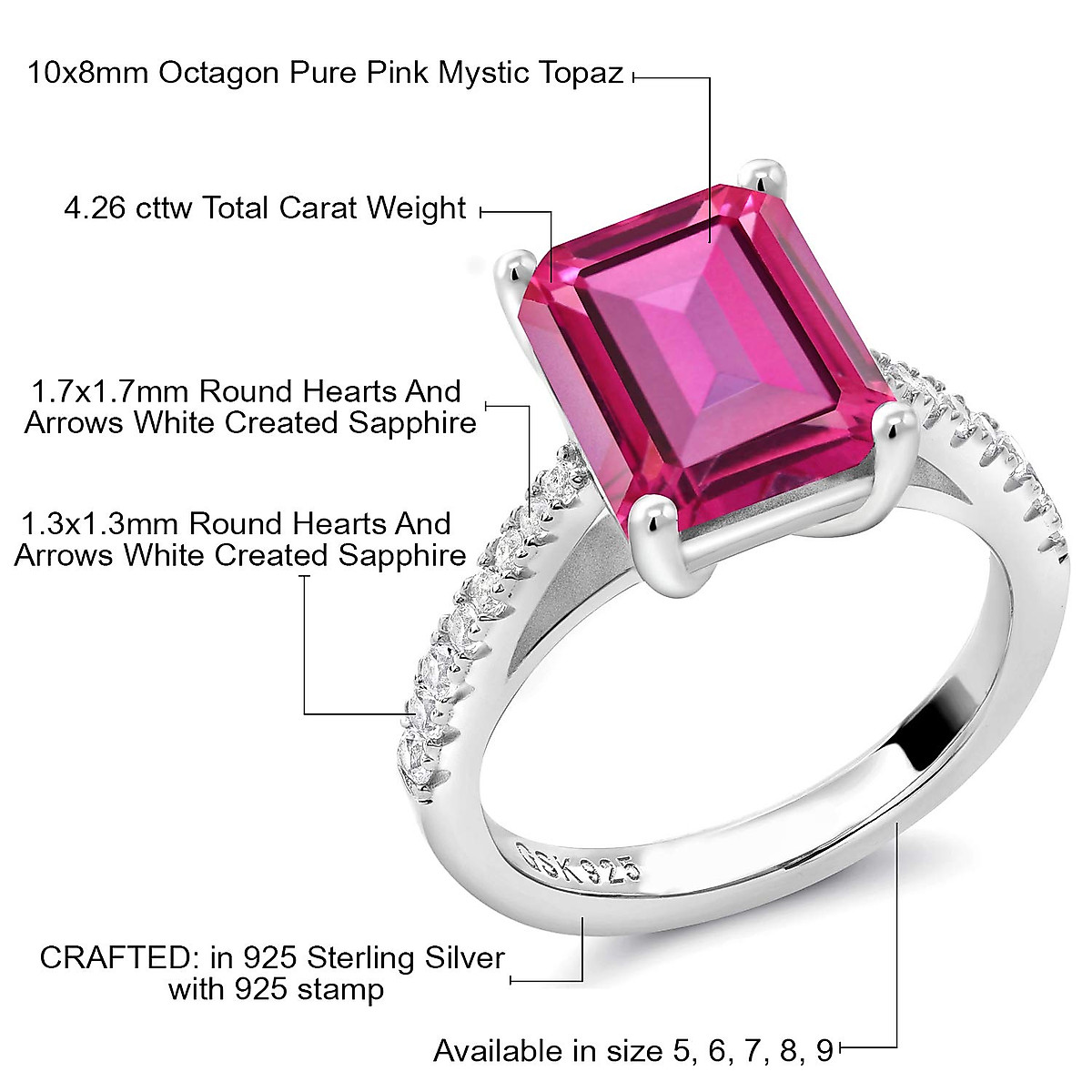 Gem Stone King 925 Sterling Silver Pure Pink Mystic Topaz and White Created Sapphire Ring For Women (4.26 Cttw, Available in size 5, 6, 7, 8, 9)