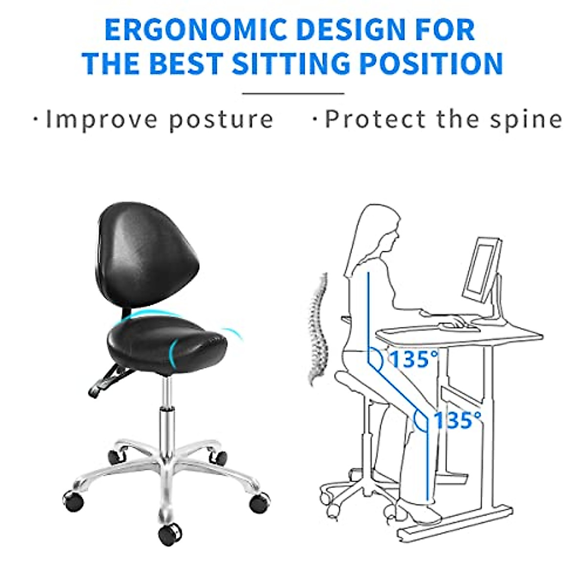 ajorah Adjustable Saddle Chair Stool with Back Rest,Heavy Duty Ergonomic Stool Chair for Laboratory, Clinic, Salon, Manicure,Tattoo (Black, with Backrest)
