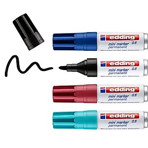 edding 0.5 mini permanent marker - black, blue, turquoise, red - 4 pens - fine round nib 1 mm - waterproof, quick-drying - smudge-proof - mini marker for cardboard, plastic, wood, metal