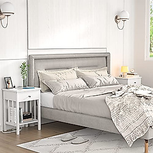 Homykic White Nightstand with Charging Station Set of 2, Bamboo Bedside Table Set with USB Ports and Outlets, Night Stand End Table with Drawer for Bedroom, Living Room, Small Space