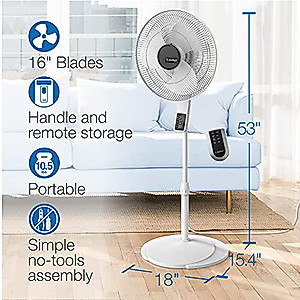 Lasko S16614 Oscillating 16″ Adjustable Pedestal Stand Fan with Timer, Thermostat and Remote for Indoor, Bedroom, Living Room, Home Office & College Dorm Use, 16 Inch, White