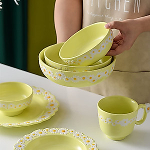 WAYUTO Ceramic Daisy Serving Bowl Embossed Crockery Soup Dessert Bowl Daisy Edge Relief Dinnerware Round Dining Bowl for Ice Cream Kitchen Decoration Tableware Dinnerware Household Wedding