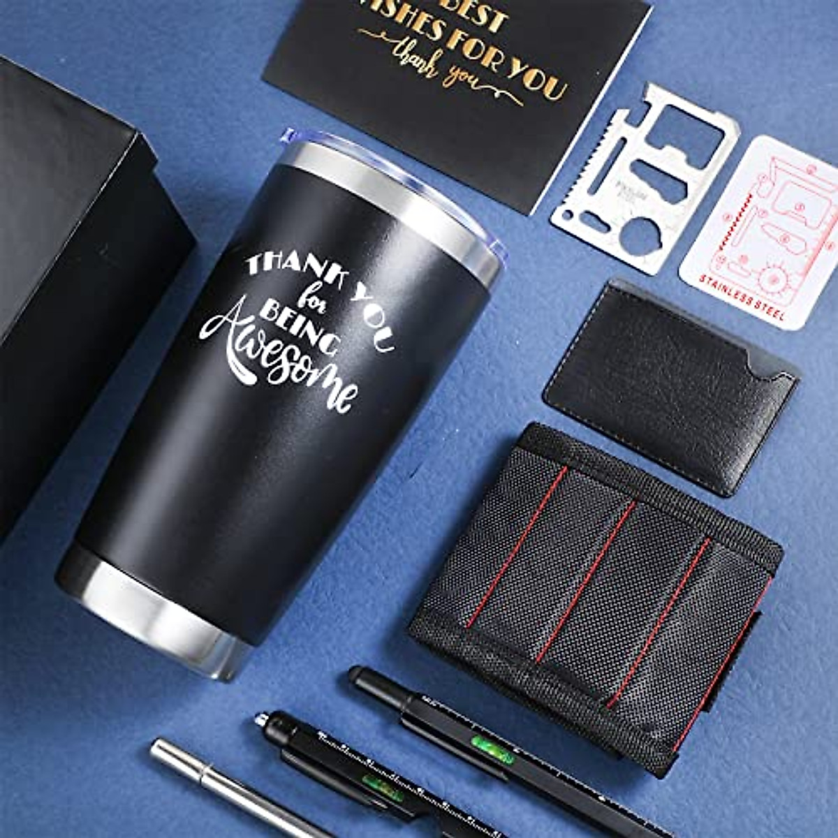 Yinkin 9 Pcs Father's Day Gifts for Dad Included 20 oz Tumbler with Straw 9 in 1 Multitool Pen 11 in 1 Survival Card Tool Magnetic Wristband Magnetic Grabber Gift Box for Men