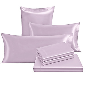 Ersmak 7 Pieces Satin Sheets Set Full Size, Luxury Silky Lavender Satin Bed Sheets Set with 1 Deep Pocket Fitted Sheet, 1 Soft Flat Sheet, 4 Queen Pillowcases and 1 Body Pillowcase