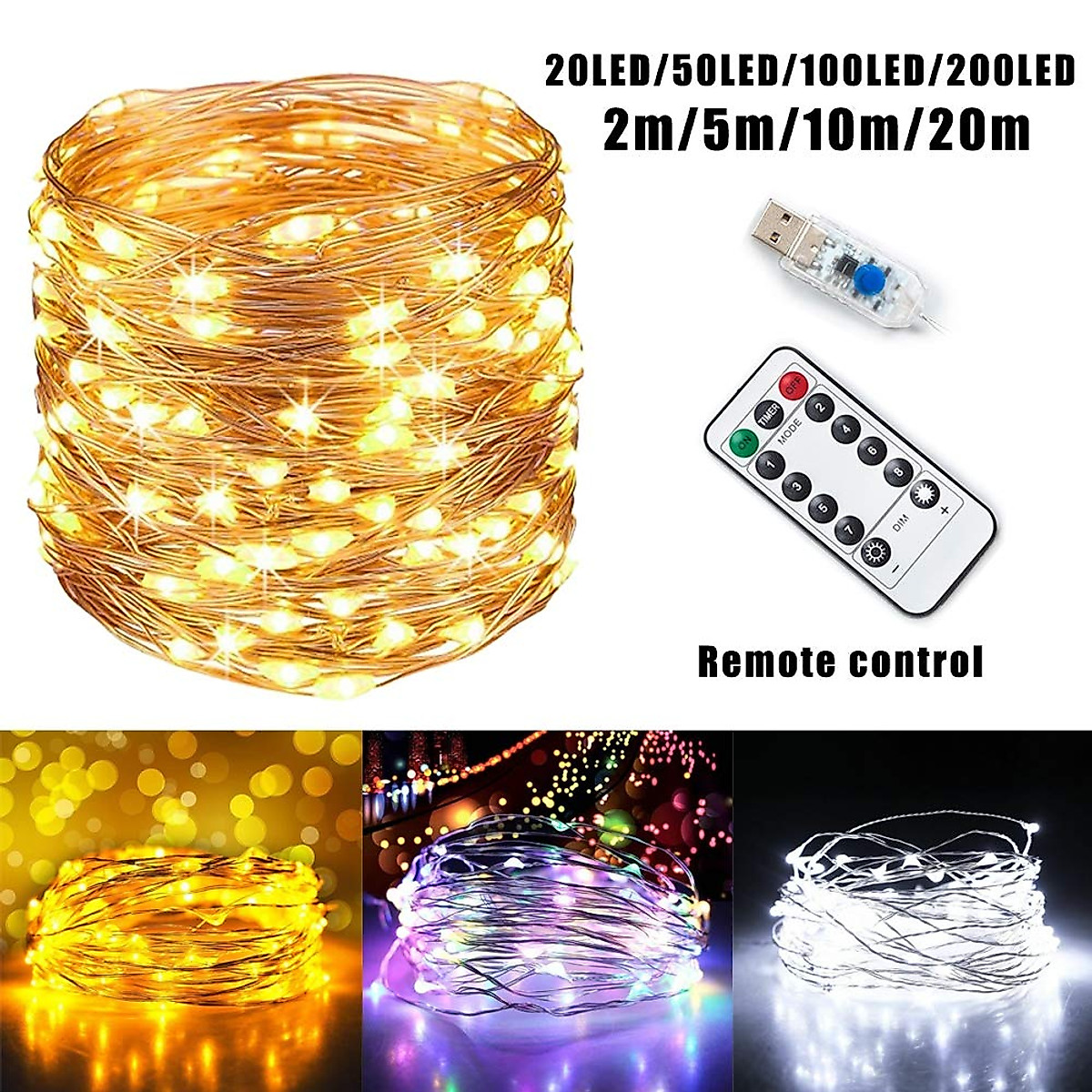 Ruipunuosi Remote Control String Lights, Led Fairy Lights- 20/50/100/200 LEDs Waterproof Flexible String Lights Battery Operated for Bedroom Home Wedding Christmas Festival