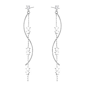 SLUYNZ Sterling Silver Star Dangle Earrings for Women Teens Girls Long Dangle Earrings Chain Curve Tassel (A-Silver)