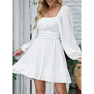 Dokotoo Square Neck Summer Dress for Women 2025 Tie Back Elastic Waist Lantern Long Sleeve Dress Ruffle A-Line White Dress Casual Sexy Mini Dress Beach Vacation Clothes Small White