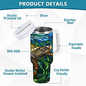 Slewiaeky Tumbler with Handle 40 oz Ocean Turtle Tortoise Travel Mug with Lid and Straw Sea Stainless Steel Vacuum Insulated Water Bottle Cup for Iced Tea Coffee Cold Beverages Cup Holder Friendly