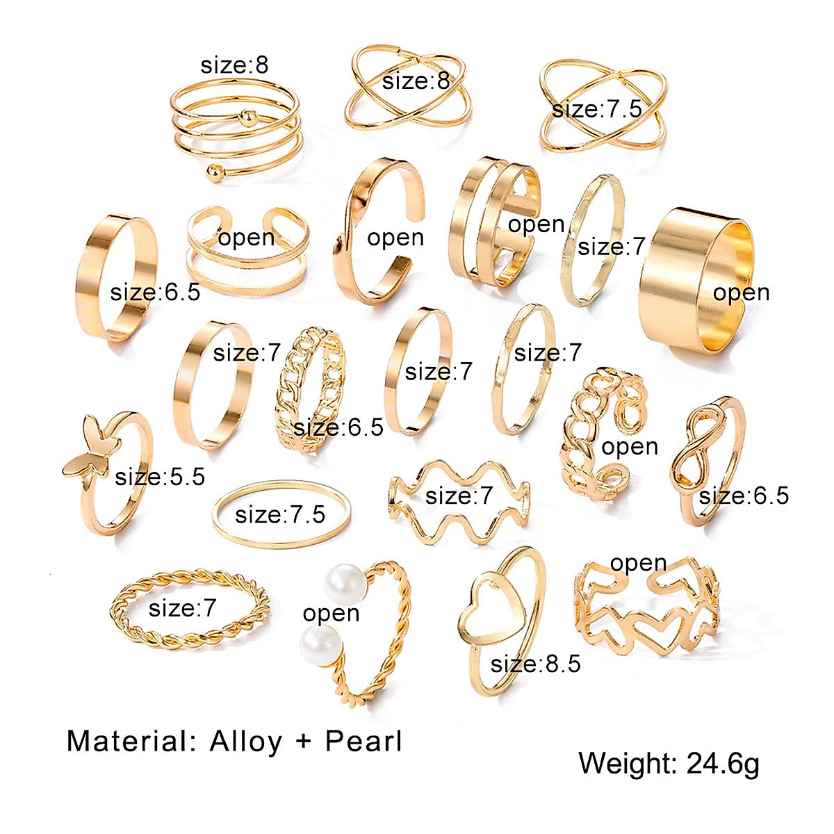 Uarein 22Pcs Gold Boho Stackable Knuckle Rings Set - Heart, Pearl, Butterfly, Vintage, Adjustable Statement Rings - Jewelry Gifts (A)