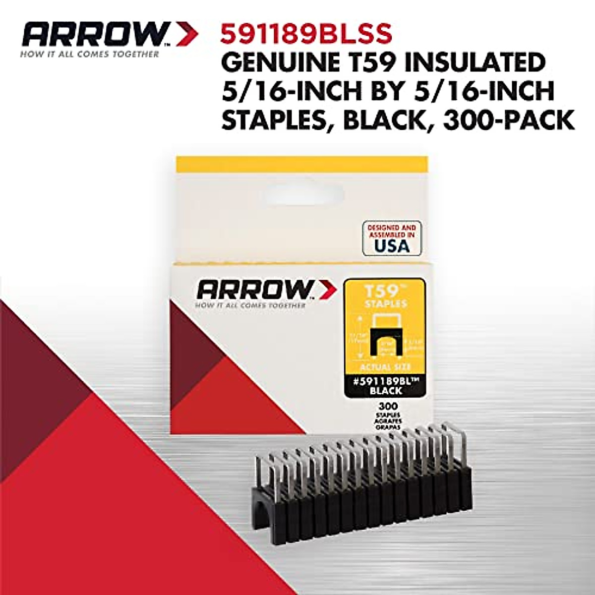 Arrow 591189BLSS Genuine T59 Stainless Steel 5/16-Inch by 5/16-Inch Insulated Staples for Cable and Wiring, Black, 300 Count
