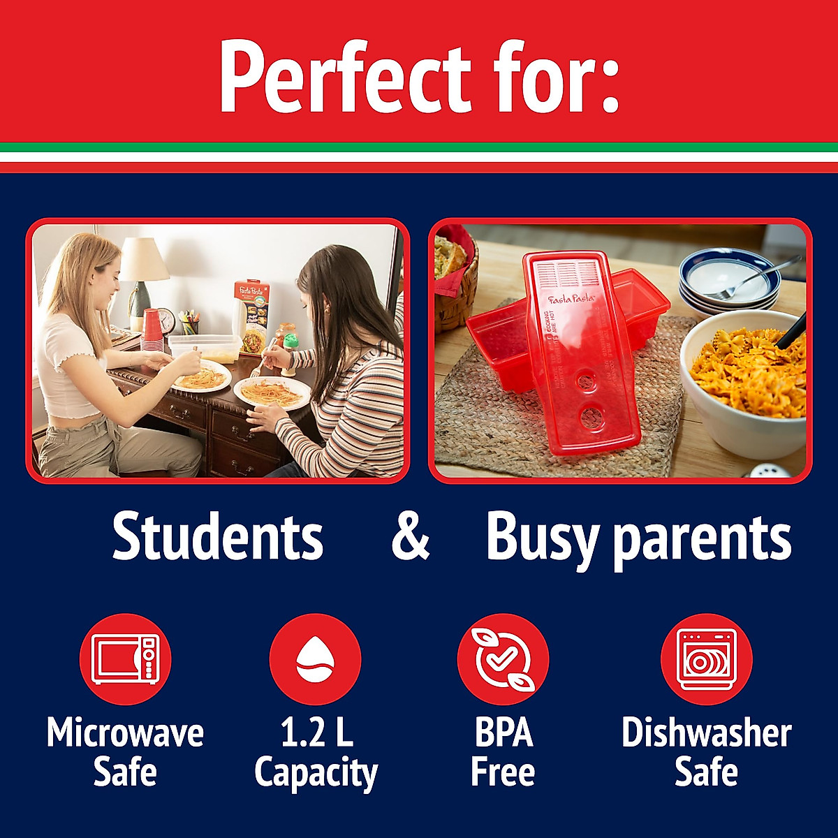 Microwave Pasta Cooker- The Original Fasta Pasta (Red)- Quickly Cooks up to 4 Servings- No Mess, Sticking or Waiting For Boil- Perfect Al Dente Pasta Every Time- For Dorms, Small Kitchens, or Offices
