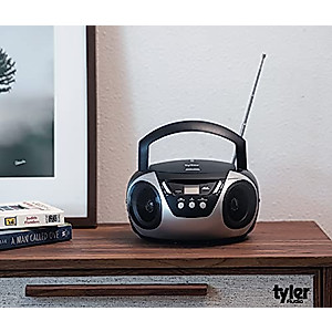 Tyler Portable CD Player Boombox Radio AM/FM Top Loading AC & Battery Compatible Aux Input & 3.5mm Headphone Jack Small Lightweight Compact Boom Box Home Stereo Speakers Carrying Handle Kids Silver