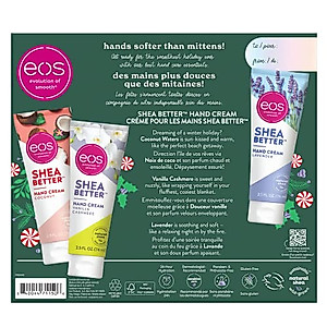 eos Holiday Collection, Hand Care Essentials, Hand Cream Trio- Coconut, Vanilla Cashmere, and Lavender, 24-Hour Hydration, 2.5 oz, 3-Pack, Clear