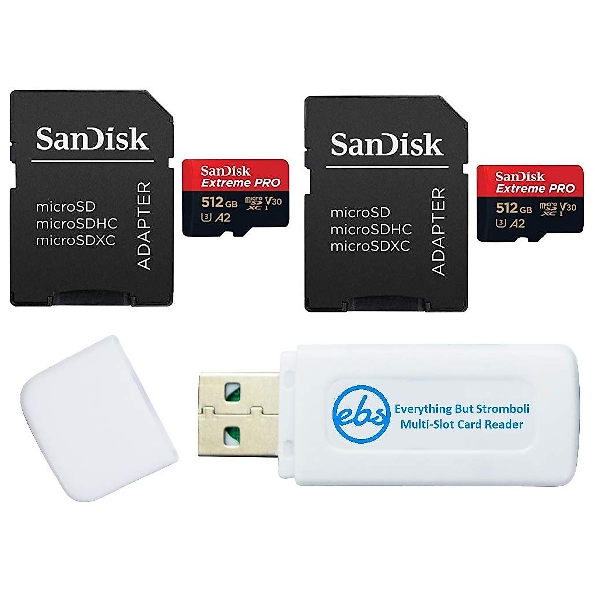 SanDisk 512GB Extreme Pro MicroSD Memory Card (2 Pack) Works with GoPro Hero 10 Black Action Camera U3 V30 4K A2 Class 10 (SDSQXCZ-512G-GN6MA) Bundle with 1 Everything But Stromboli Micro Card Reader