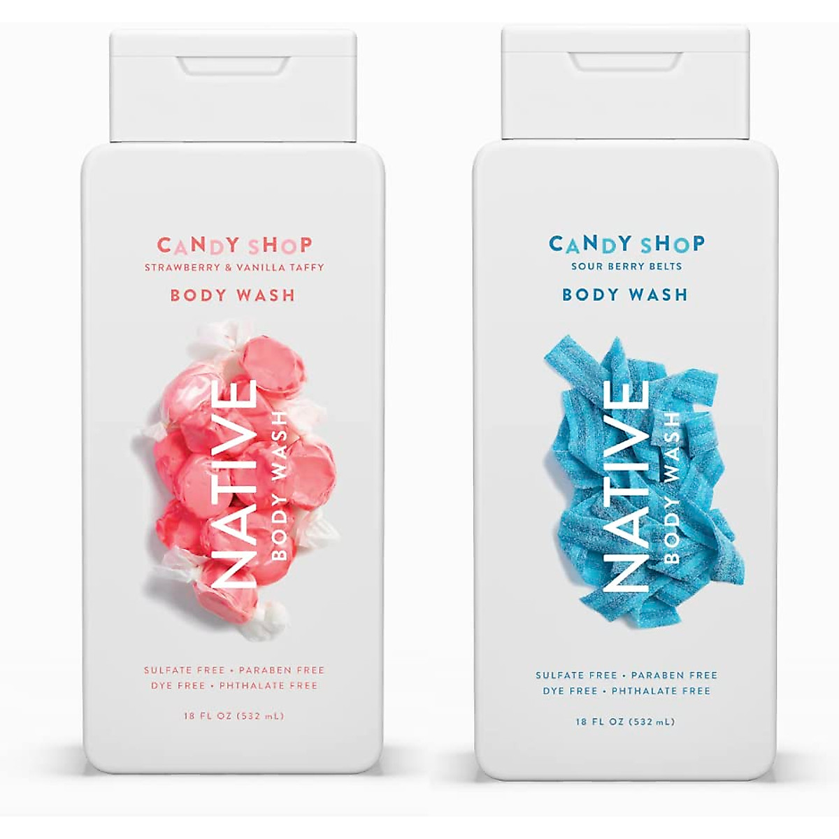Native Candy Shop Limited Edition Body Wash Set | Sulfate Free, Paraben Free, & Dye Free, 18 oz each, Pack of 2 (Strawberry & Vanilla Taffy/Sour Berry Belts)