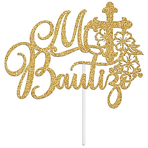 Mi Bautizo Cake Topper, Mi Primera Comunion, First Holy Communion, Bridal Shower/Wedding/Baptism/Christening Baby Shower Party Decorations, Gold Glitter