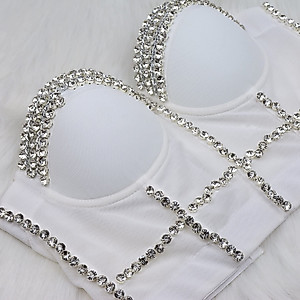 ELLACCI Women's Diamond Chain Mesh Bustier Crop Top Push Up Corset Top Bralet White Medium