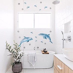 funlife Watercolor Wall Decals Peel and Stick, Ocean Animals Wall Stickers, Under The Sea Wall Decal Stickers for Kids Room Bedroom Playroom Nursery Room, Flying Fish & Dolphin