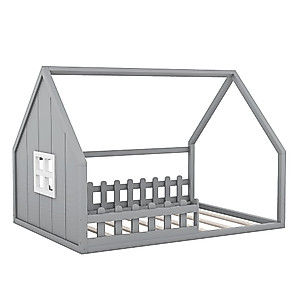 House Bed Full Size, Wood Floor Bed for Kids, Montessori Bed with Railings and Slats for Boys Girls, Low to Ground Height, No Box Spring Needed, Gray