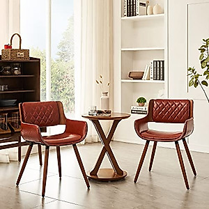 ARTPLAN Mid-Century Modern Accent Bamboo Small Arm Chair with PU Upholstered Dining Chair for Living Room, Set of 2